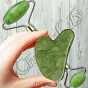CHARMLILY Jade & Ice Roller + Gua Sha Massager Tool Set for Face & Eyes, Puffiness, Reduce Wrinkle Aging, Migraine, Pain Relief on Neck & Body, Cold Facial Original Natural Stone - 3 in 1