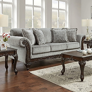 Roundhill Furniture Hernen Carved Wood Frame Sofa, Gray
