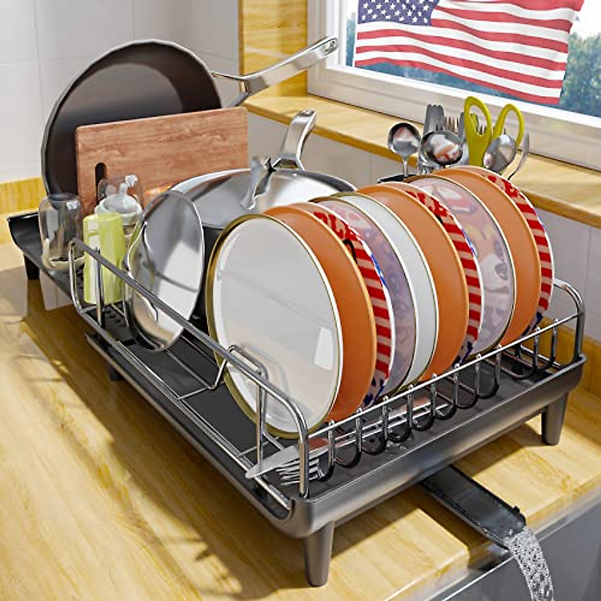 SNTD Dish Drying Rack for Kitchen Counter Sink Organization and Storage Black, Expandable Large Capacity Dish Rack Dish Drainer Utensil Sponge Holder Sink Caddy Over The Sink Pot Pan Rack Organizer