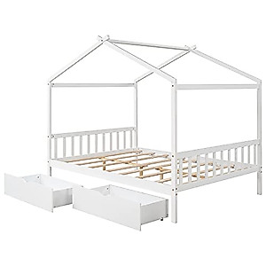 Merax Full Size House Platform Bed Frames with with Two Drawers, Headboard and Footboard/No Box Spring Needed/Easy Assembly