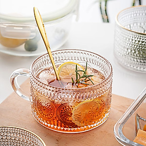 Kingrol 4 Pack 13 Ounces Glass Coffee Mugs with Spoons, Stackable Tea Cups, Vintage Drinking Glassware for Water, Milk, Iced Coffee, Beverage, Dessert