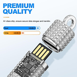 Kepmem Flash Drive 64GB Thumb Drive Jewelry USB 3.0 Memory Stick, Metal Zip Drive 64 GB Silver Rhinestone Pen Drive Bling Jump Drives Crystal Necklace with Keychain, Festival Gift