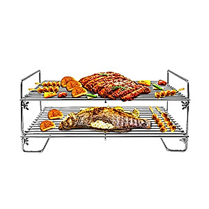 DcYourHome Double Layer Stainless Steel Smoke Shelf/Grill Warming Rack Foldable Multipurpose Jerky Rack for Traeger and Other Wood Pellet Grills & Gas Grills & Grill Grate Accessories