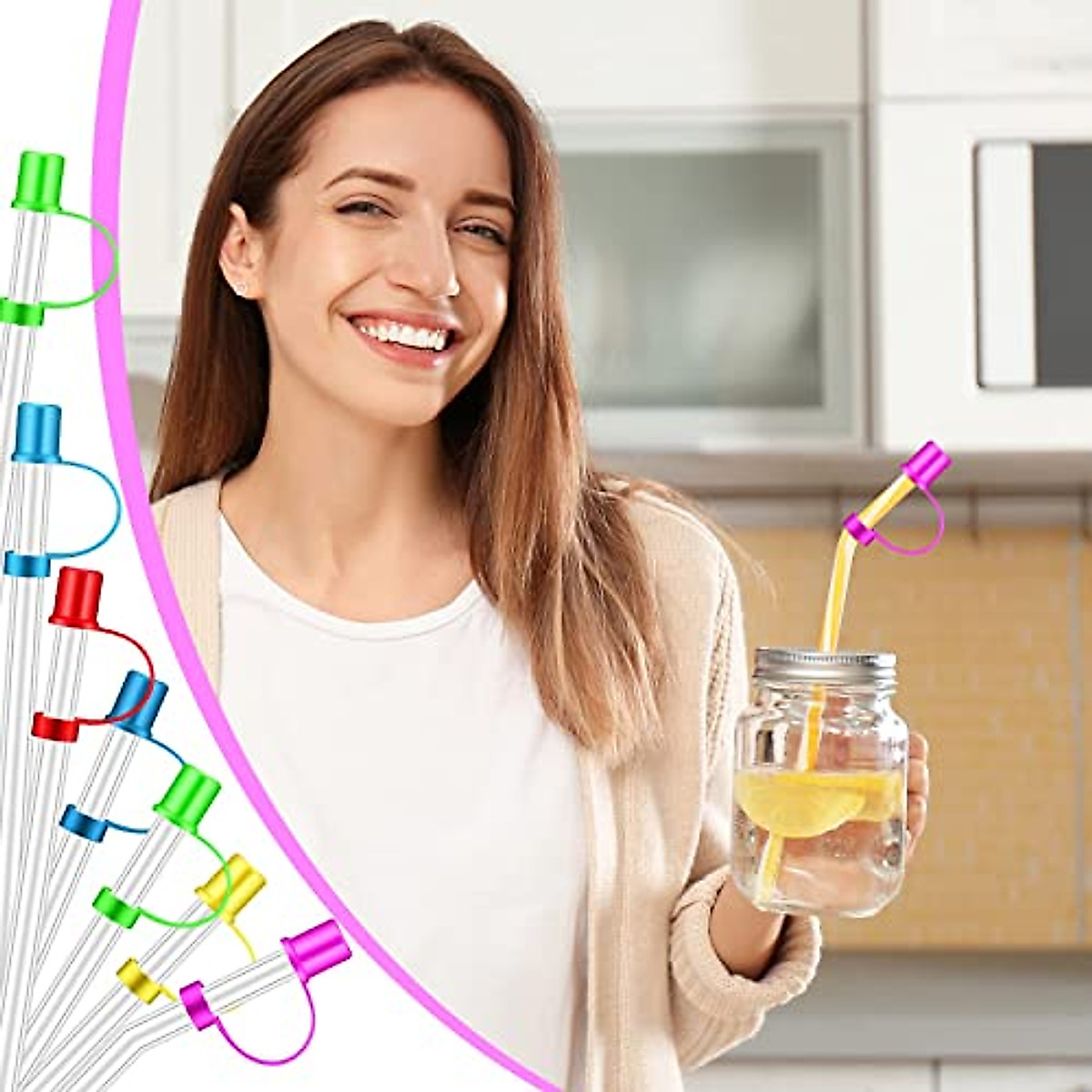 60 Pieces Colorful Drinking Straw Caps Reusable Plastic Drinking Straw Plugs Straw Cover Straw Tips Lids for Straws in 6 Colors (Basic Colors, 9.5 mm)