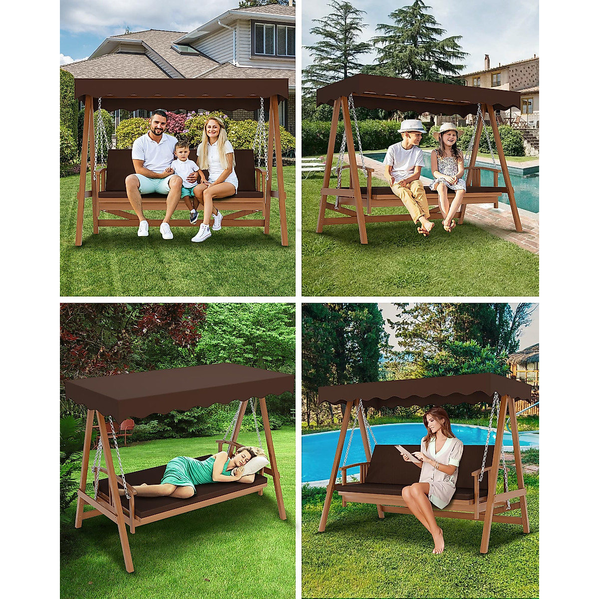 GarveeLife Wooden Patio Swing with Adjustable Canopy, 3-Seater Wood Patio Swing Bench with Removable Cushion, Patio Swing Glider with Flatbed for Backyard Garden Balcony Poolside, Brown