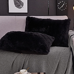 WERDIM Shaggy Fluffy Faux Fur Pillowcases 2 Pack Button Closure Velvet Pillow Shams Standard/Queen Size (Black, 20 X 26 Inches)