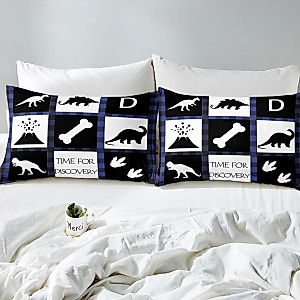 Cartoon Dinosaur Bed Sheets Twin Size 3 Pcs Cute Wild Animal Paw Print Decor Sheets Set for Kids Teens Adults Blue Black White Grid Jungle Style Bedding Set with Flat,Fitted Sheet,1 Pillowcase