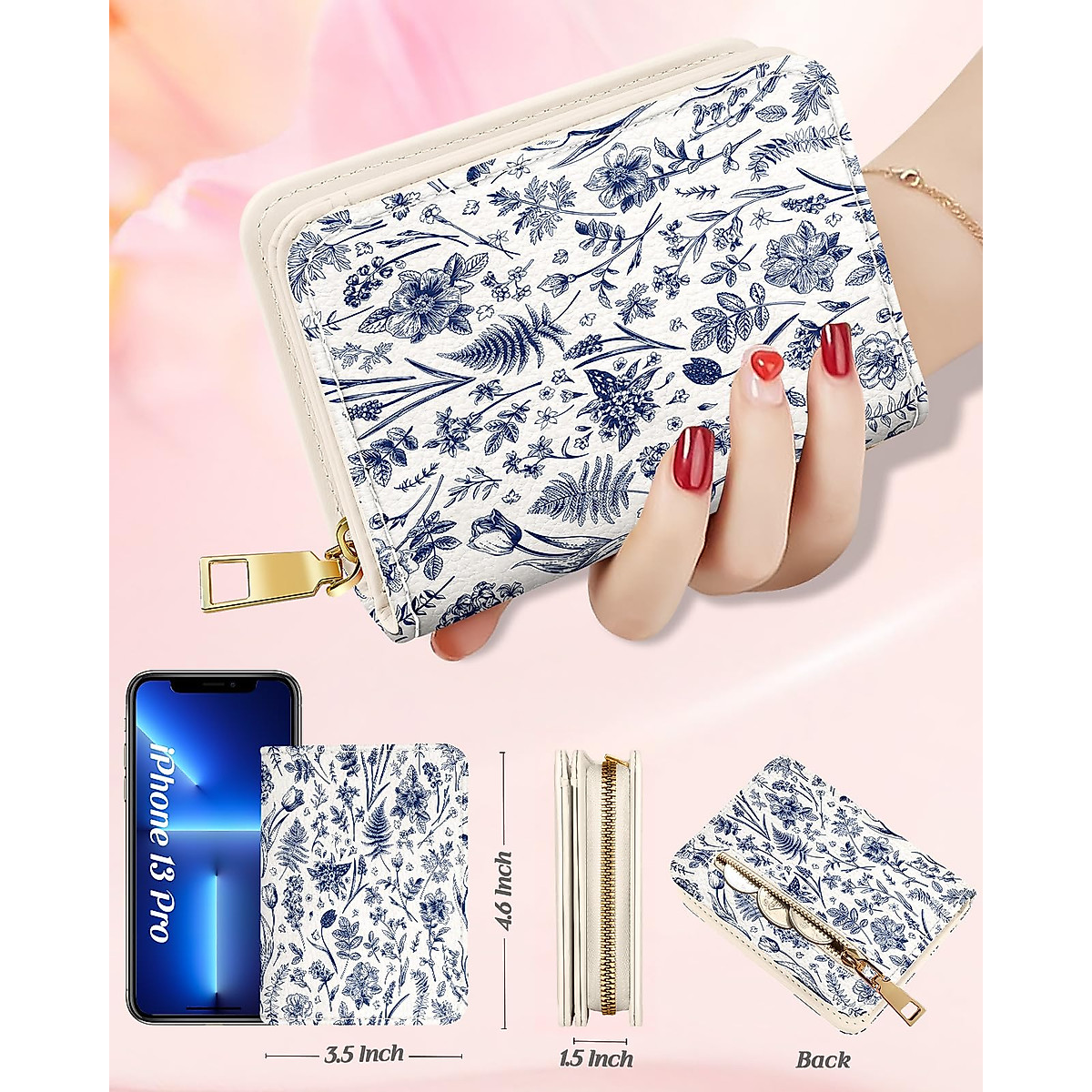 Bistup Credit Card Holder Wallet for Women - Cute Leather Ladies Teen Girls Female Cardholder Wallets Accordion Purse Small Medium Aesthetic Print Blue Floral Unique Modern Rfid Zipper Around