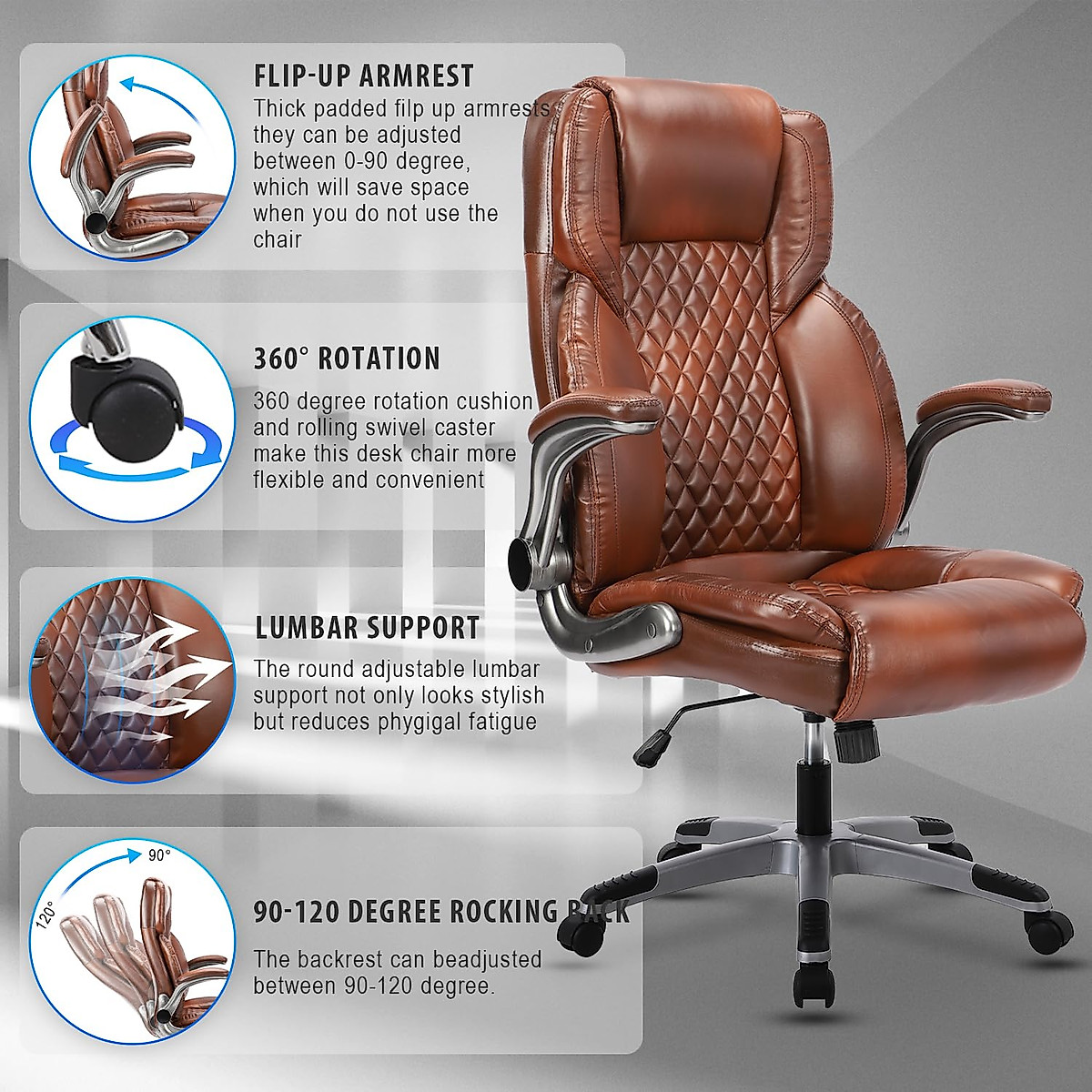 REFICCER Brown Leather Office Chair with Flip up Arms, Ergonomic Executive Office Chairs with Wheels, 90-120° Rocking High Back Office Desk Chair with Lumbar Support, Swivel Task Chairs