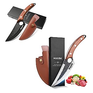 Huusk Upgraded Chef Knives Brown Bundle with Black Kitchen Camping Cooking Knife with Leather Sheath and Gift Box
