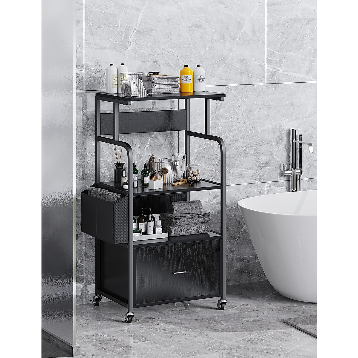 Bealife 3 Tier Home Office Printer Stand with Drawer,Side Canvas Bag, Metal Hook, Tall Mobile Printer Rack Cart with Ample Storage Space, Durable Lockable Casters, Multifunctional in Use - Black