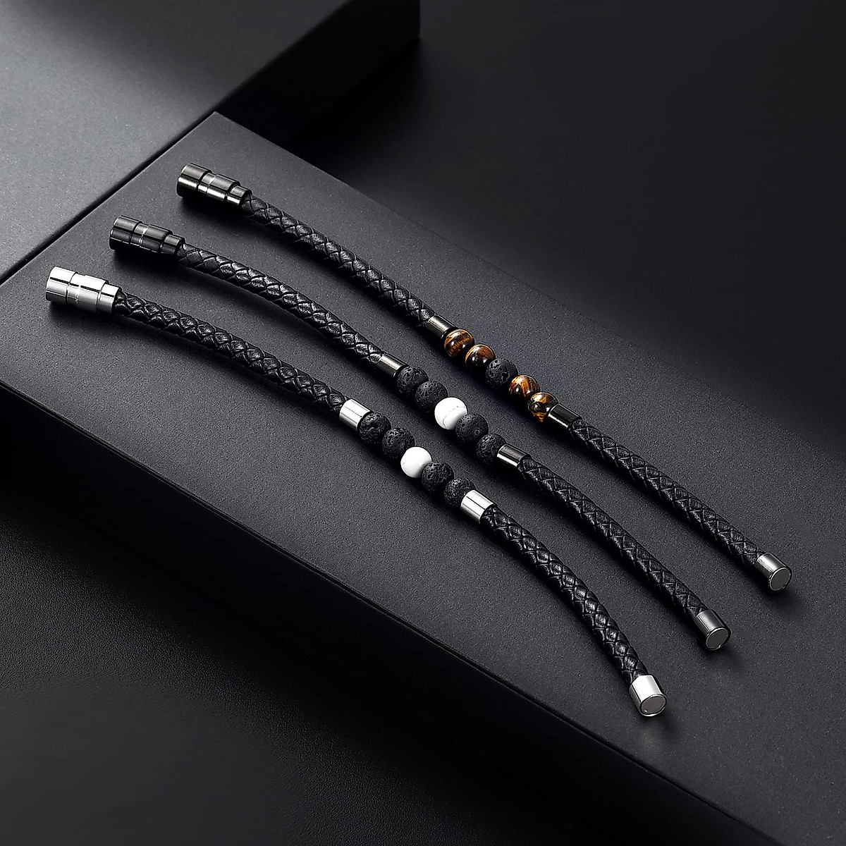 Leather Cremation Memorial Urn Bracelet Lava Stone 316L Stainless Steel Cremation Bangle Keepsake Urn Bracelet for Ashes