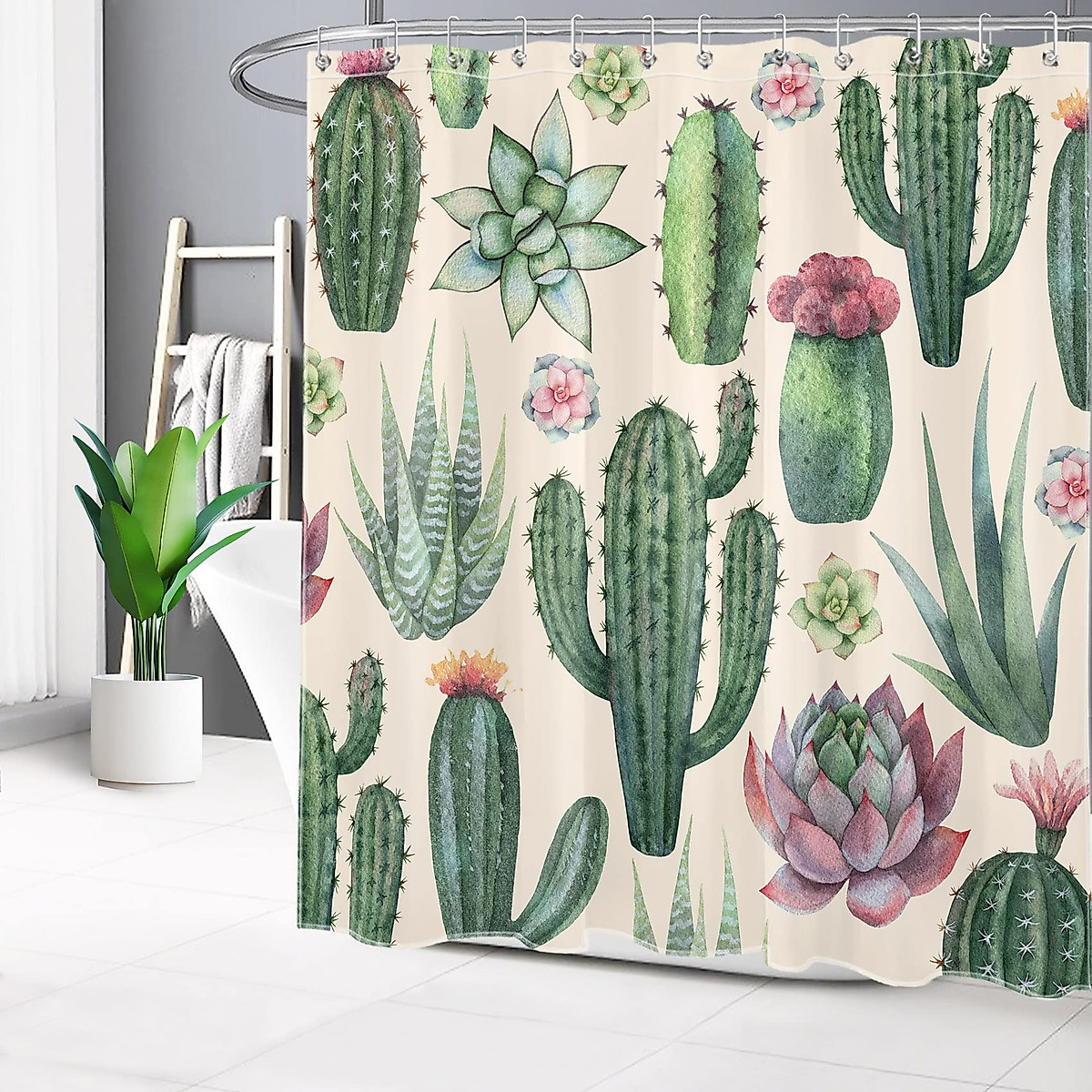 LB Western Tropical Cactus Shower Curtain Sets with Rugs Pink and Green Succulent Plant with Floral on Beige Fabric Shower Curtain with Hooks Nature Plant Bathroom Curtains Shower Set, 72x72 inches