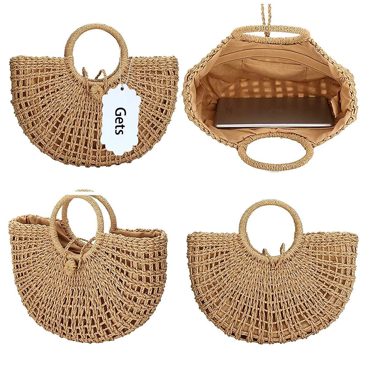 Round Straw Bag Rattan Crossbody Bag Handwoven Natural Summer Beach Shoulder Bag for Women (Khaki)