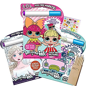 Papartyy Girls Coloring Book Imagine Ink for Girls Super Set ~ Bundle Includes 3 No Mess Magic Ink Activity Books Featuring LOL Dolls,Barbie & Wonder Woman With Wooden Coloring Pencils and Stickers