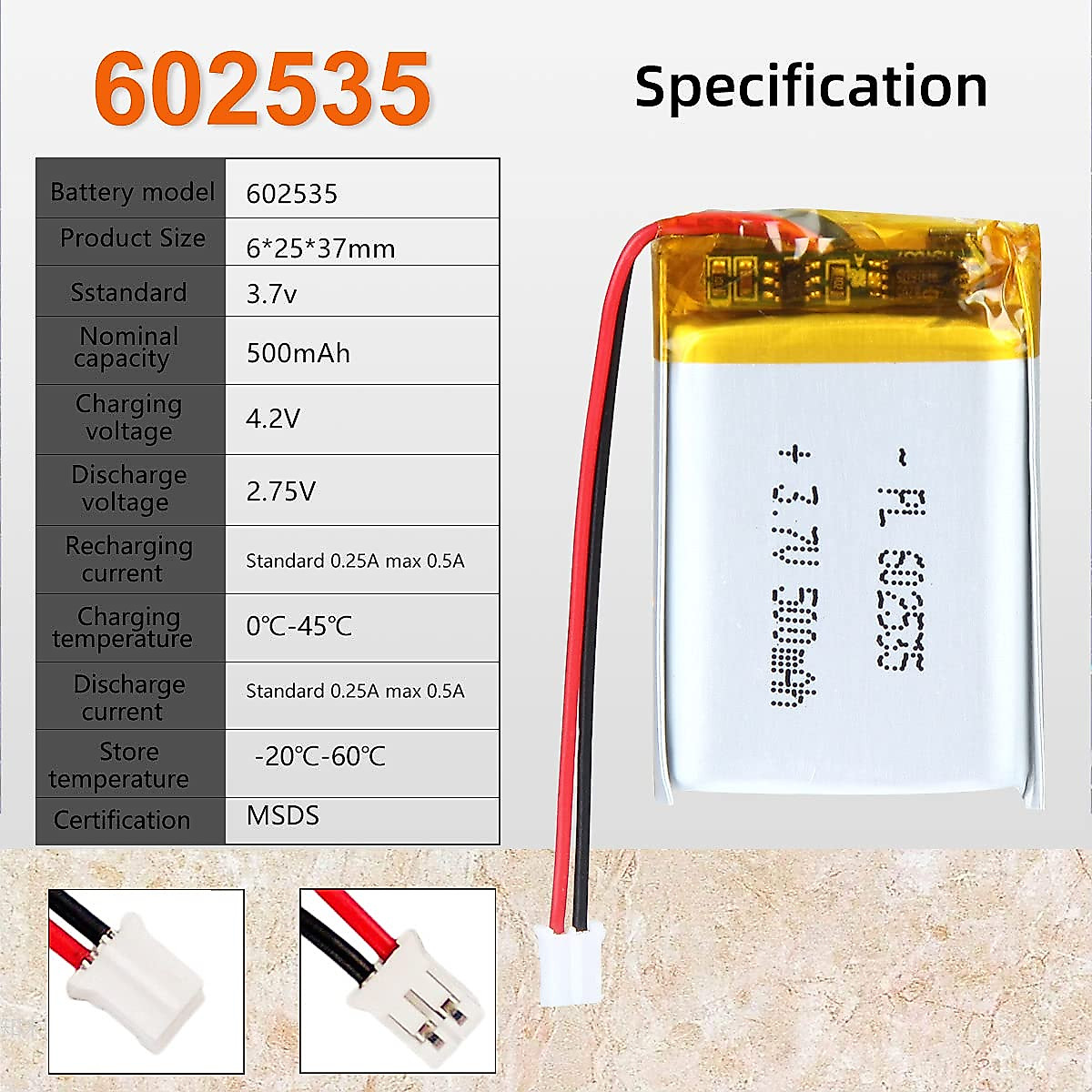 Diginex AKZYTUE 3.7V 500mAh 602535 Lipo battery Rechargeable Lithium Polymer ion Battery Pack with PH2.0mm JST Connector