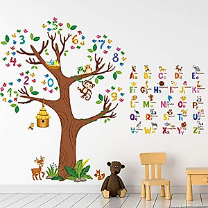 3 Sheets Animal Alphabet and Numbers Tree Wall Decals ABC Letters and Birds Numbers Peel and Stick Wall Stickers for Welcome Back to School Classroom Decorations Kids Bedroom Living Room