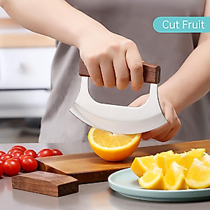 Coowolf Ulu Knife Alaska Pizza Cutter Rocker Knife Mezzaluna Knife with Base, Classic Walnutwood and Sharp Stainless Steel Blades, Ideal for Chopping Herbs or Salads- Essential Kitchen Knives