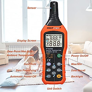 Protmex Digital Temperature Humidity Meter, Thermometer Hygrometer with Ambient Dew Point and Wet Bulb Temperature Indoor and Outdoor, Data Logger with Min/Max Hold, LCD Backlight, PT6508