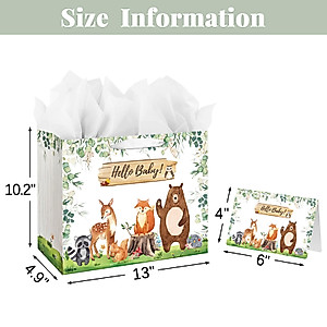 13" Large Baby Boy Girl Gift Bag for Baby Shower or Birthday with Handle, Tissue Paper and Greeting Card (Woodland Animals Sage Green Design)