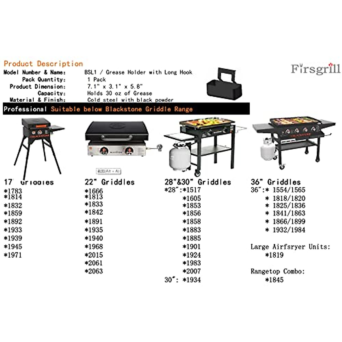 Firsgrill Professional Replacement Blackstone Griddle 17, 22, 28, 30 & 36 inches Grease Cup Foil Tray pan