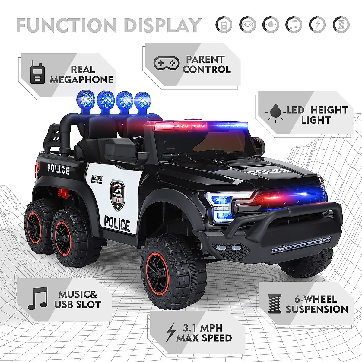 JOYLDIAS Kids Ride On Police Car, 12V Battery Powered Electric Cars W/2.4G Remote Control, 6 Wheels, Real Tailgate, Spring Suspension, LED Flashing Lights, Megaphone Siren Music & Horn Intercom