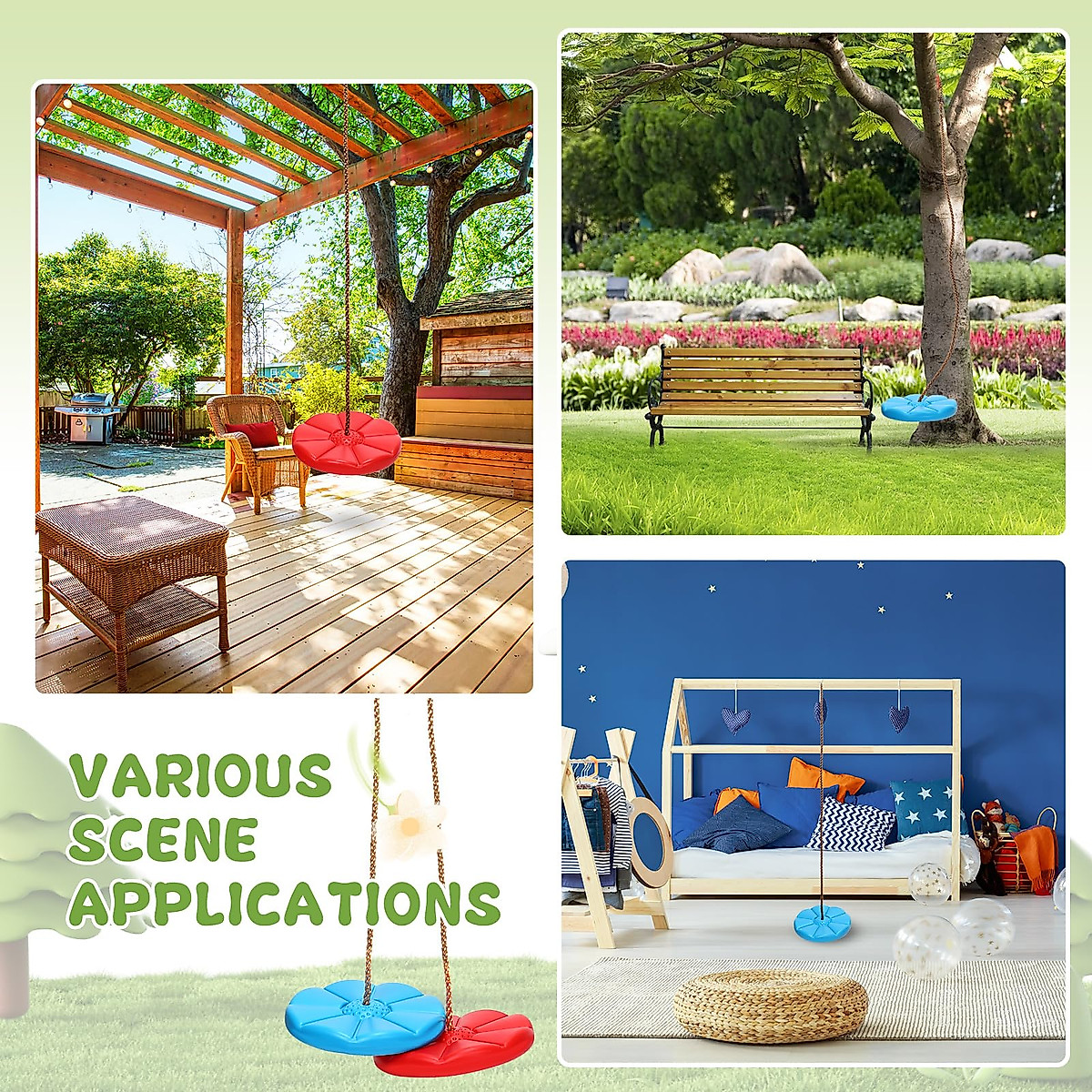 Liliful 4 Pack Strong Disc Tree Swing with Rope Kids Swing Seat with Hanging Strap and Snap Hook Disc Swings for Outside Playground Tree House Backyard Fun, Daily Exercise