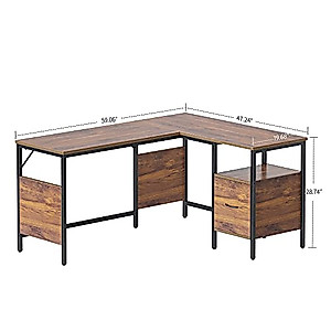 CubiCubi L Shaped Desk with Shelves, 59.1 Inch Corner Computer Desk, Home Office Gaming Writing Workstation with Large Non-Woven Drawer, Deep Brown