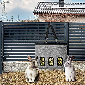 Guinea Pig Hay Bag Rabbit Feeding Bag, Rabbit Hay Feeder, 3 Holes Small Animal Hay Feeder Bag Hanging Feeder Bag Storage Strap for Chinchilla Hamster Rabbit Guinea Pig Small Pets (Grey)
