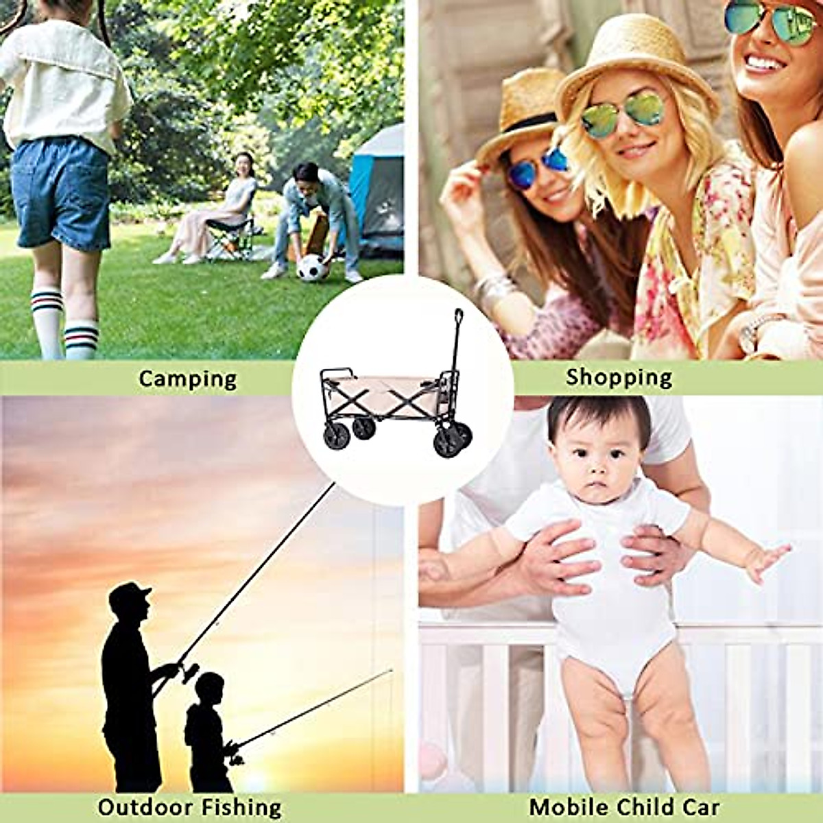 Picnic Camping Cart Portable Collapsible Outdoor Utility Wagon Garden Folding Trolley 80KG Max Load Push Wagon Sturdy Lightweight Beach Outdoor Garden Picnic Cart,Creamy White