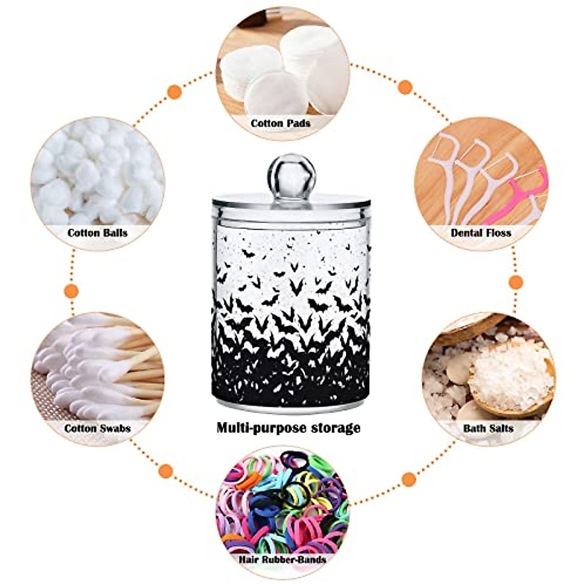 Bats Halloween Clear Plastic Storage Jars with Lids, Bathroom Vanity Storage Organizer Holder Canister for Cotton Swabs,Makeup Sponges, Flossers,Bath Salts,4 Pack