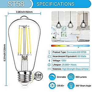 MAXvolador Vintage LED Edison Bulb Dimmable 60W Equivalent 850 Lumens, 6W Edison Light Bulbs Daylight White 5000K, Antique ST58 LED Filament Bulb E26 Base, CRI 85+, Clear Glass, Pack of 4