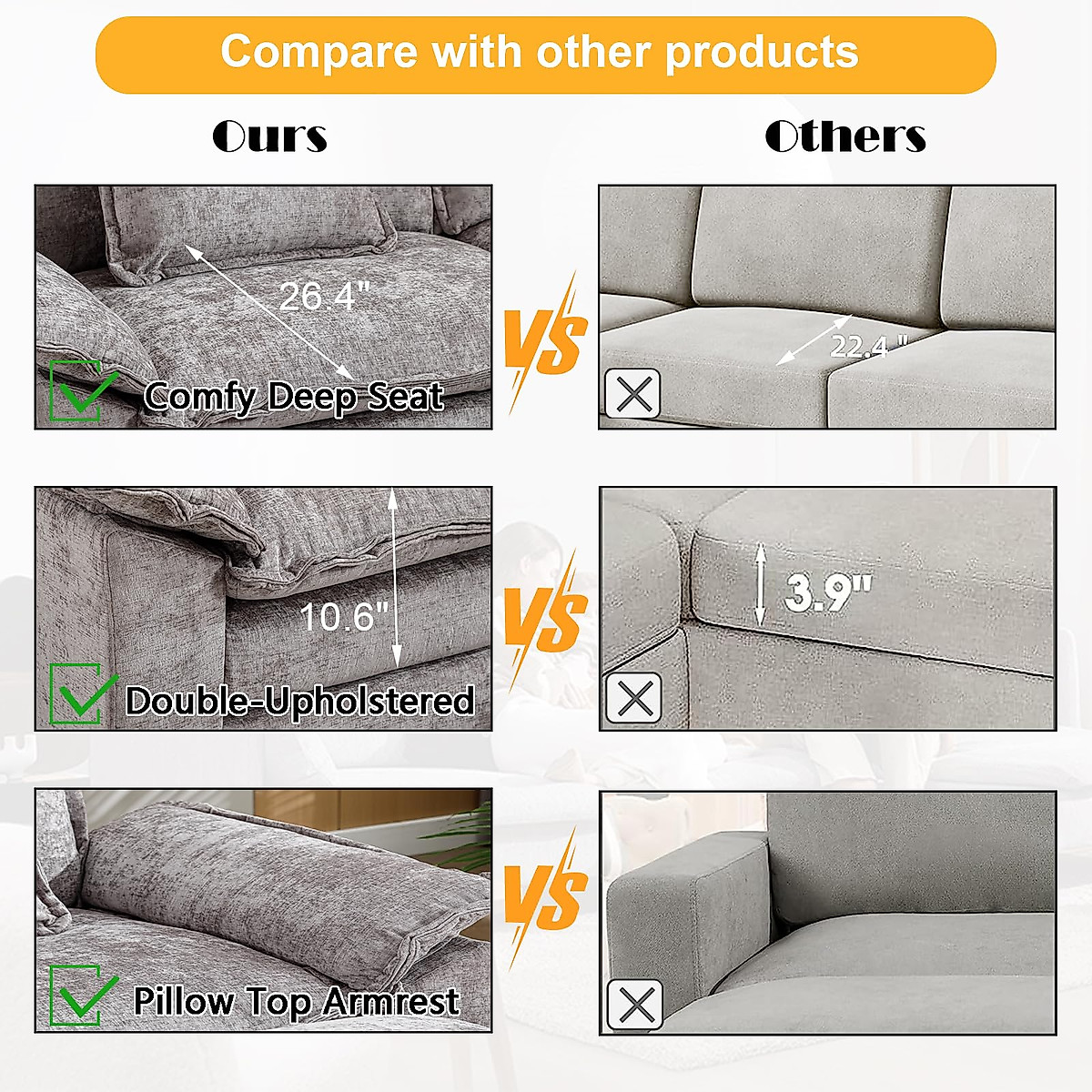 85.8" Modern Sectional Couch Sofas for Living Room, Chenille Fabric Double-Upholstered Comfy Sleeper Sofa, Wide Loveseat Couches with Chaise for Bedroom, Apartment, Office (Light Grey)