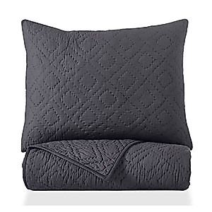 California Design Den Soft 100% Cotton Hand-Quilted Twin/Twin-XL Quilt with Sham, Pure Cotton Fabric & Fill, Charcoal Grey Twin Quilt, Pre-Softened, Diamond Pattern (Charcoal Grey)