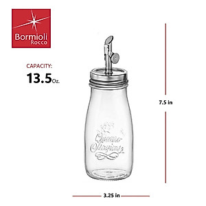 Bormioli Rocco Quattro Stagioni Glass 13.5 Oz Olive Oil Dispenser With Weighted Pourer, Made from BPA Free Durable Glass, Made In Italy.