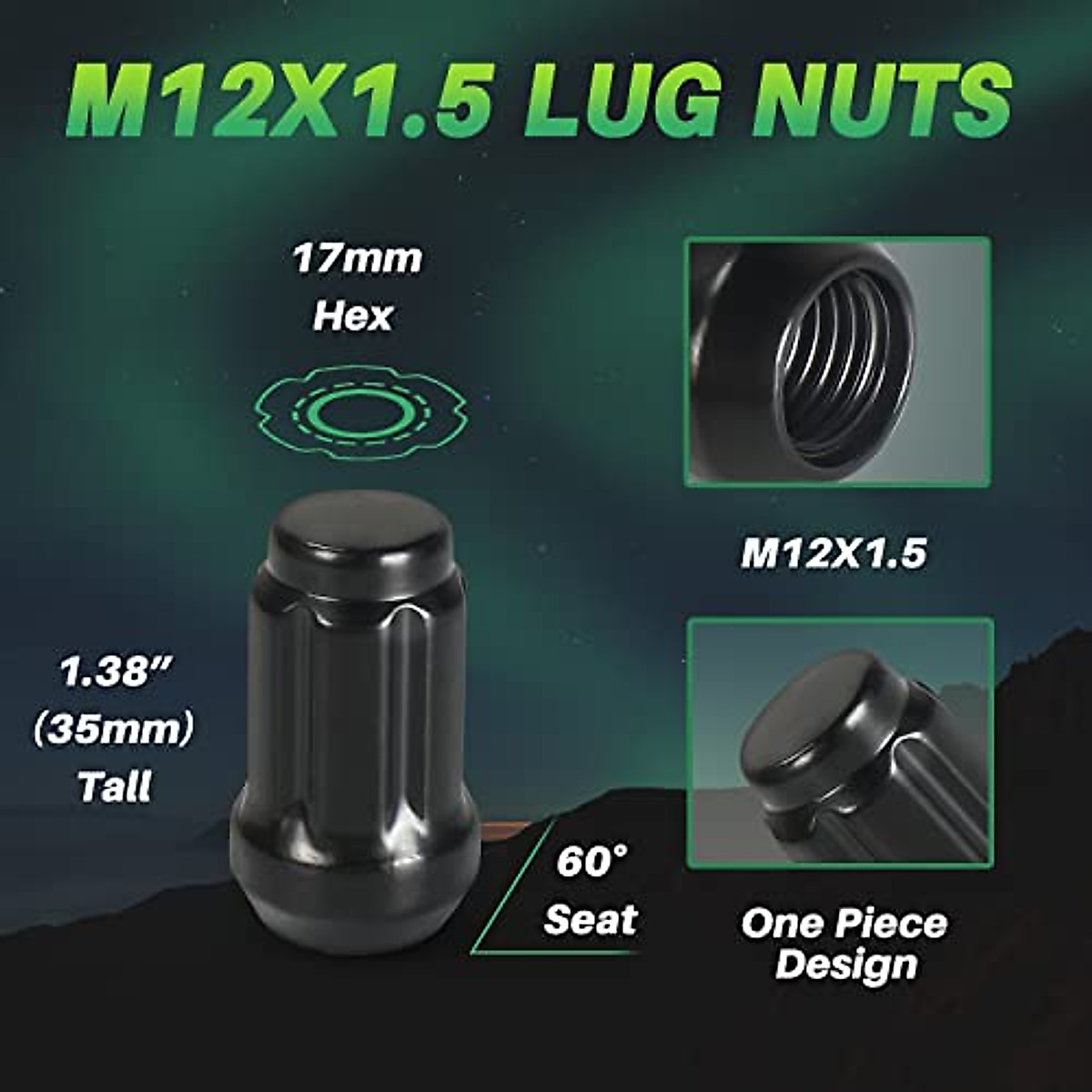 AUTOPTIM M12x1.5 Spline Lug Nuts - Replacement for 1998-2022 Honda Accord, 1997-2022 Honda CRV, 2004-2022 Honda Civic, 17mm Hex 1.38" Tall, Black Closed End Wheel Lug Nuts (20pcs)