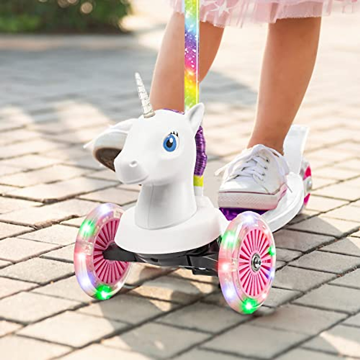Dimensions Unicorn Kick Scooter for Kids, Self-Balancing 3 Wheeled Light Up Scooter with Extra Wide Anti-Slip Deck, Rear Brake, Lean to Steer, Lightweight Design, for Kids 3 and up, 75 LB Limit