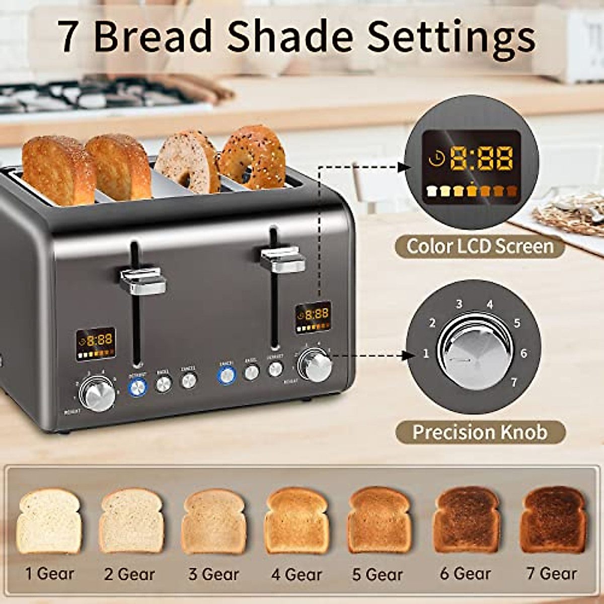 SEEDEEM Toaster 4 Slice, Stainless Steel Bread Toaster with Colorful LCD Display, 7 Bread Shade Settings, 1.4'' Wide Slots Toaster with Bagel/Defrost/Reheat Functions, Removable Crumb Tray, Dark Metallic, 1800W