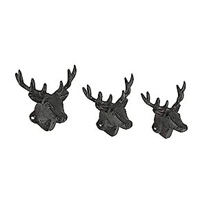 Zeckos Set of 3 Rustic Brown Cast Iron Deer Head Decorative Wall Hooks Lodge Décor 4.25 Inches Long