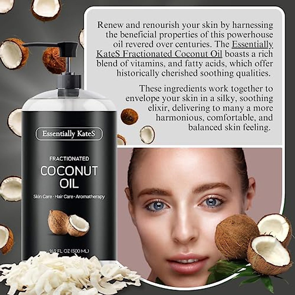 Essentially KateS Fractionated Coconut Oil 16.9 Fl Oz (500ML) - Skin Care, Hair Care, Aromatherapy Massage Oil