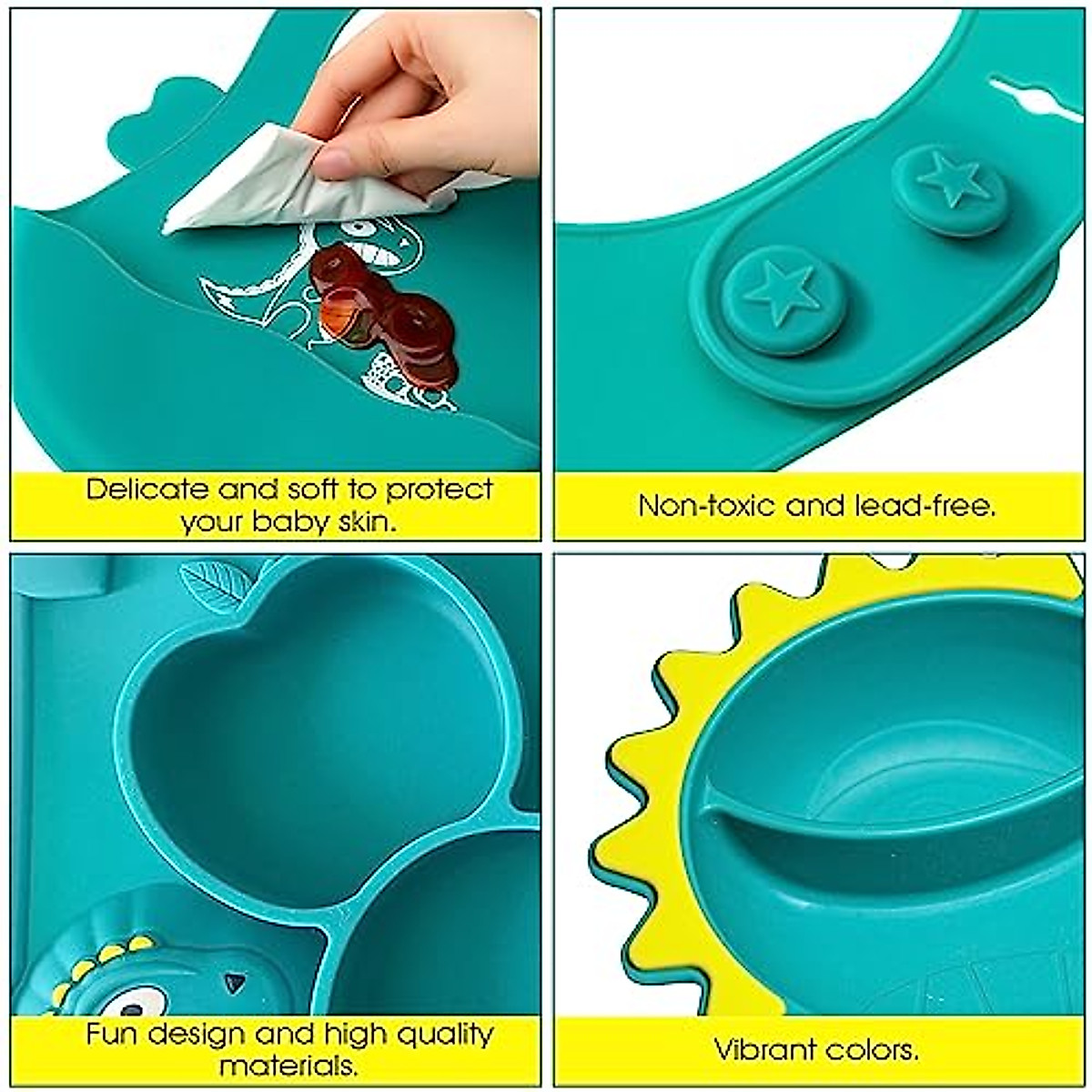 Dinosaur Silicone Baby Feeding Set |Toddler Utensils, baby spoon and fork, waterproof bibs, bowl & suction plates for Self-Feeding. Baby Led Weaning, Toddler feeding supplies. (Dino Green)