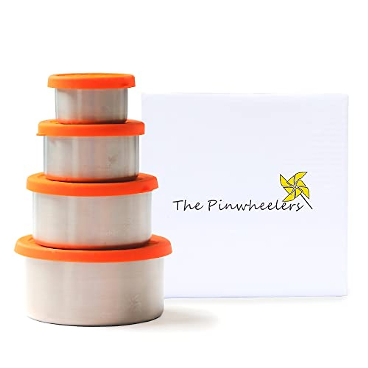 The Pinwheelers - Storage Containers With Lids, Food Storage Container Christmas Gift Bundle, Stainless Steel Containers With Lids In 4 Assorted Sizes, Family Gifts Ideas, Orange Lid