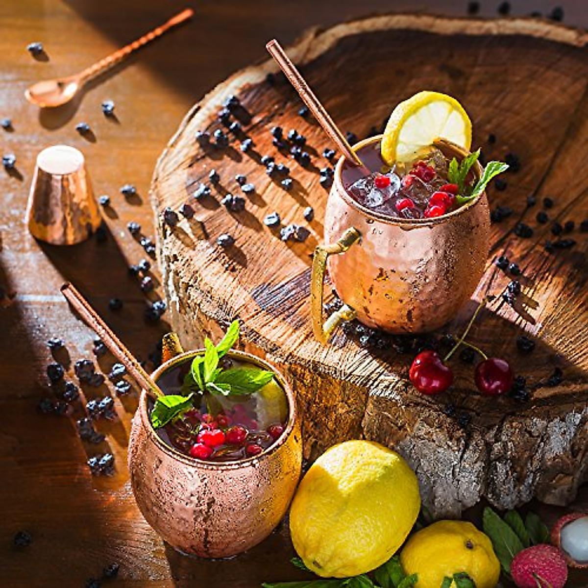 Copper-Bar Moscow Mule Copper Mugs - Set of 2-100% HANDCRAFTED Pure Solid Copper Mugs - 16 Oz, Gift Set + Cocktail Copper Straws, Copper Shot Glass & Copper Stirrer
