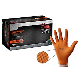 Venom Steel Maximum Grip Nitrile Gloves, 8 Mil Thick, Raised Diamond Texture For Grip, Puncture and Rip Resistant, Hi-Visibility Orange, Large (100 Count)