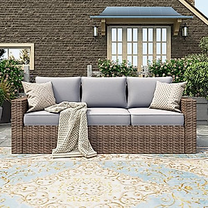 HERA'S HOUSE Wicker Patio Sofa, 3-Seat Heavy Duty Outdoor Couch, Deep Seat High Back with Thick Cushions, All Weather Furniture for Lawn Garden Backyard