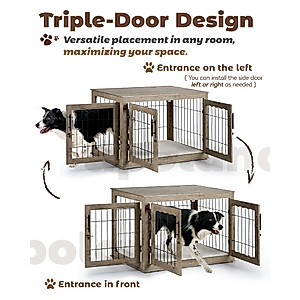 Upolana Large Dog Crate Furniture, 38 inch Dog Crates with Bed Pad, Wooden Dog Kennel Furniture, End Table Dog Cage with 3 Doors, Greige S35812