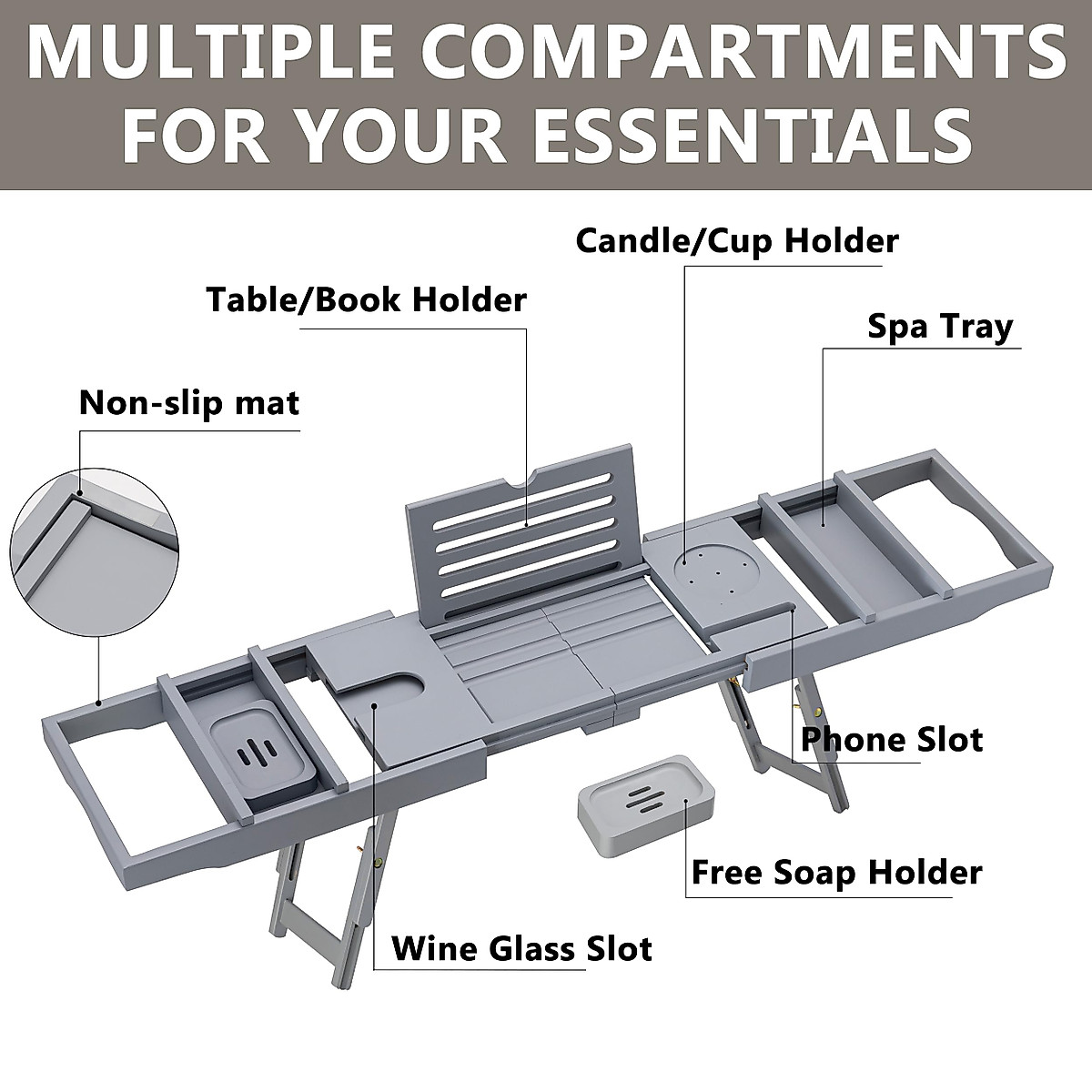 HBlife Foldable Bathtub Caddy Tray with Folding Slide-Out Arms - Expandable Bamboo Bath Table Tray with Book and Wine Glass Holder, Essential Bathroom Accessories for Home Spa