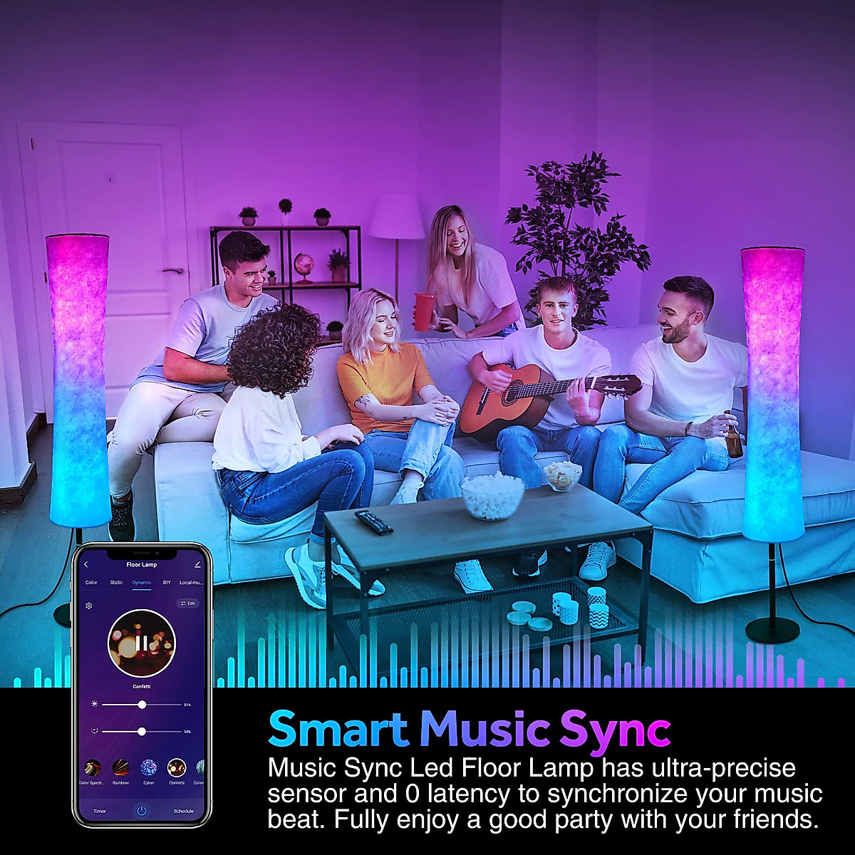 Houkiper RGB Floor Lamp - 61" Led Floor Lamps for Living Room Modern Smart Lamp Alexa App Control RGB Standing Lamp with DIY Mode, Music Sync & White Fabric Shade, Color Changing Led Lamp for Bedroom