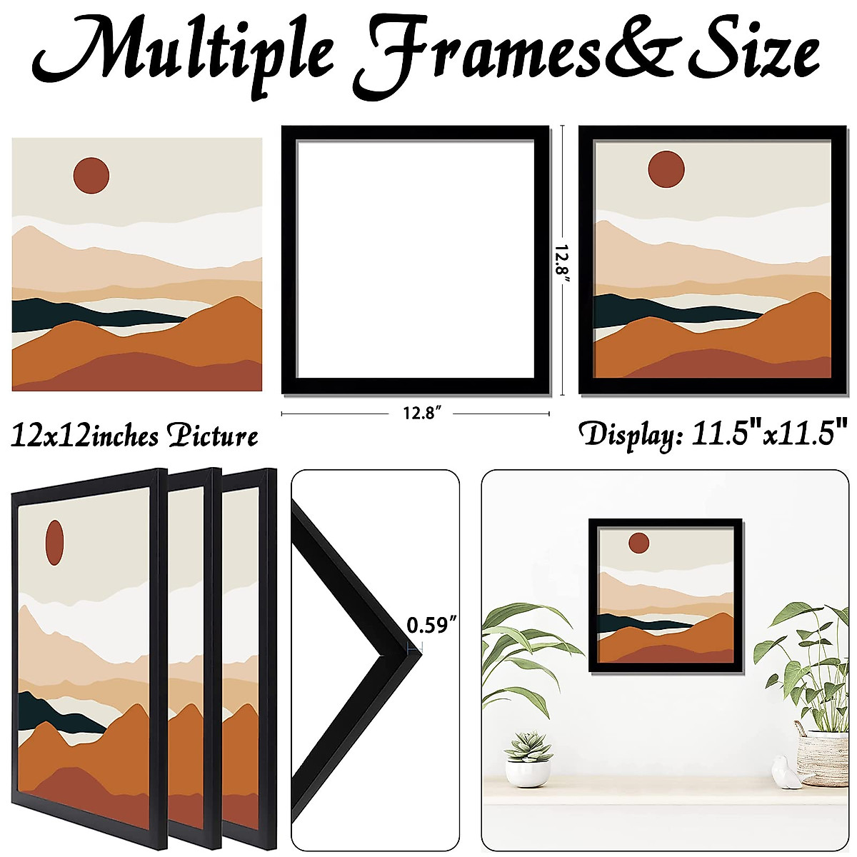 ijuerybai Black 12x12 Picture Frame Set of 3, High Transparent Frame for 12 By 12 Square Photo Collage Canvas Poster Size Wall Mount and Tabletop Horizontally Vertically (Black, 12 x 12 inches)