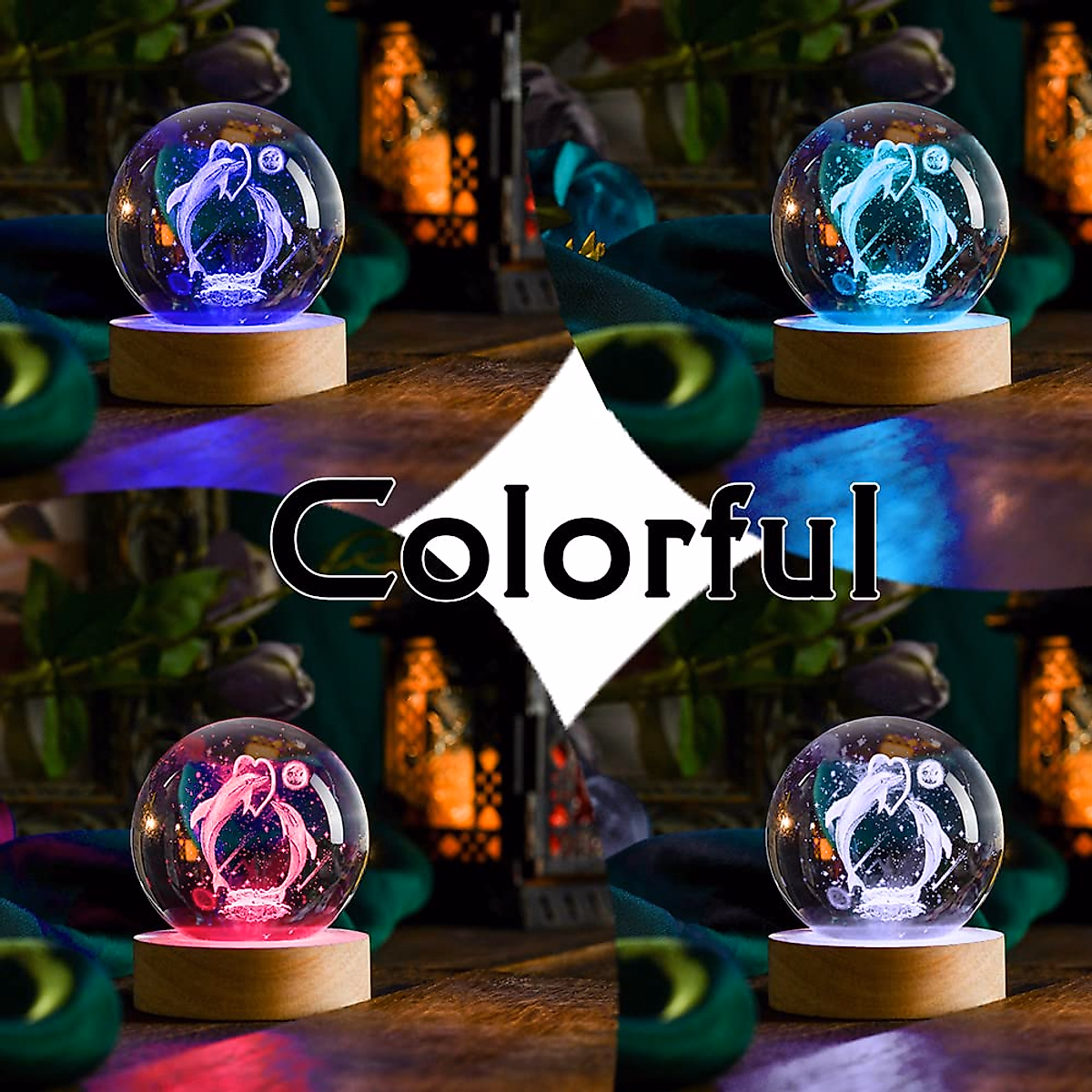 IFOLAINA Dolphin Gift 3D Dolphins Figurines in Crystal Ball 60mm Laser Engraved Glass Sphere Home Decor with Wooden Light Base